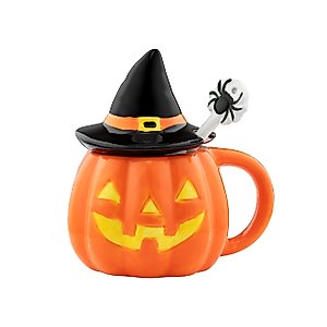 Mr. Halloween Ceramic Jack O Lantern Coffee Mug with Spoon | Trick or Treat Tea Cup with Lid, Orange, 18 Ounces