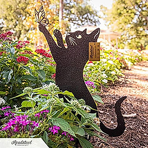RealSteel Garden Cat Art 3 Pack - Outdoor Yard Decor - American-Made Metal & Weather-Resistant Powder Coating - Mother Cat & 2 Kittens (Black)
