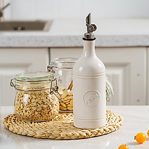 MIKIGEY 18 oz Ceramic Olive Oil Bottle Dispenser for Kitchen, Large Capacity Oli and Vinegar Cruet with Stainless Steel Spout, Oil Container, Pack of 1, Off-White