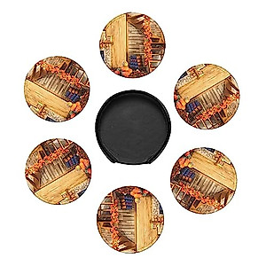 Halloween Pumpkin Sunflower Printed Coasters Set of 6 Pu Leather Round Coasters with Holder Heat Resistant Drink Coasters Coffee Cup Mat for Kitchen Office Bar