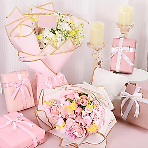 93 Pcs Flower Bouquet Wrapping Paper Kits, 20 Sheets Christmas Waterproof Floral Wrapping Paper 10 Greeting Cards 12 Gold Butterfly 50 Flower Pins 1 Roll Ribbon for Wedding Graduation Birthday