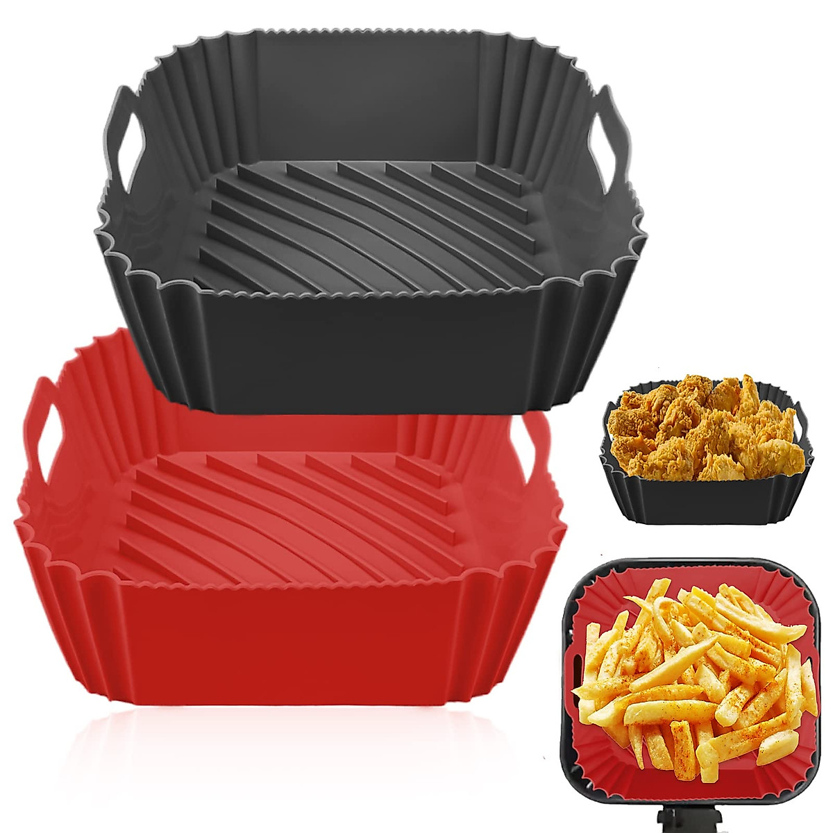2 Pack Air Fryer Silicone Liners, 8 Inch Square Air Fryer Liners for 4 to 7 QT, Reusable Silicone Air Fryer Liners, Air Fryer Accessories, AirFryer Liners Silicone (Black & Red)