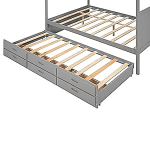 RORIGAT Queen Size Canopy Platform Bed with Twin Trundle and Three Storage Drawers, Wooden Daybed Frame Beds for Kids Teens Boys Girls,Gray