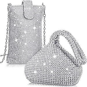Weewooday Clutch Purses for Women Wedding 2 Pieces Rhinestone Evening Triangle Bling Handbag Cell Phone Crossbody Bag (Silver)
