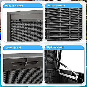GGYI 100 Gallon Waterproof Outdoor Resin Deck Box with Lockable Lid, Stylish Wicker Pattern, Easy Assembly Features and Convenient Handles For Cushion, Pillows and other Patio Furniture (Black)