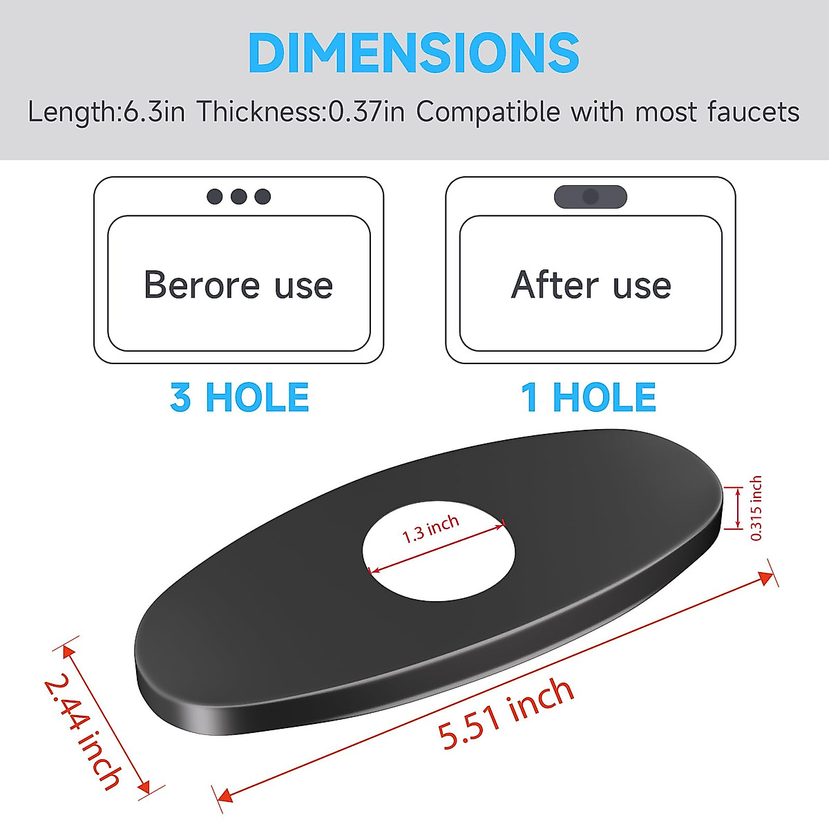 2 pc Faucet Plate, Faucet Hole Cover, Deck Plate Escutcheon for Kitchen Faucet- Sink Hole Cover, Plumbing Cover Plates, 5.5" Deck Plate for Pull Down Faucet: Stainless Steel (Mate Black)