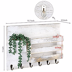 MyGift Wall Mounted White Washed Solid Wood Entryway Key Hooks and Mail Holder Organizer Rack with 6 Hooks and Artificial String of Pearls Decorative Plant