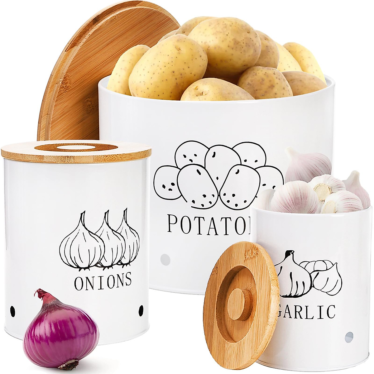 WUWEOT 3 Pack Vegetable Storage Tins, Round Metal Potato Onion Garlic Storage Bins, Farmhouse White Kitchen Canisters Vegetable Fresh Keeper Set with Bamboo Lids and Aerating Holes