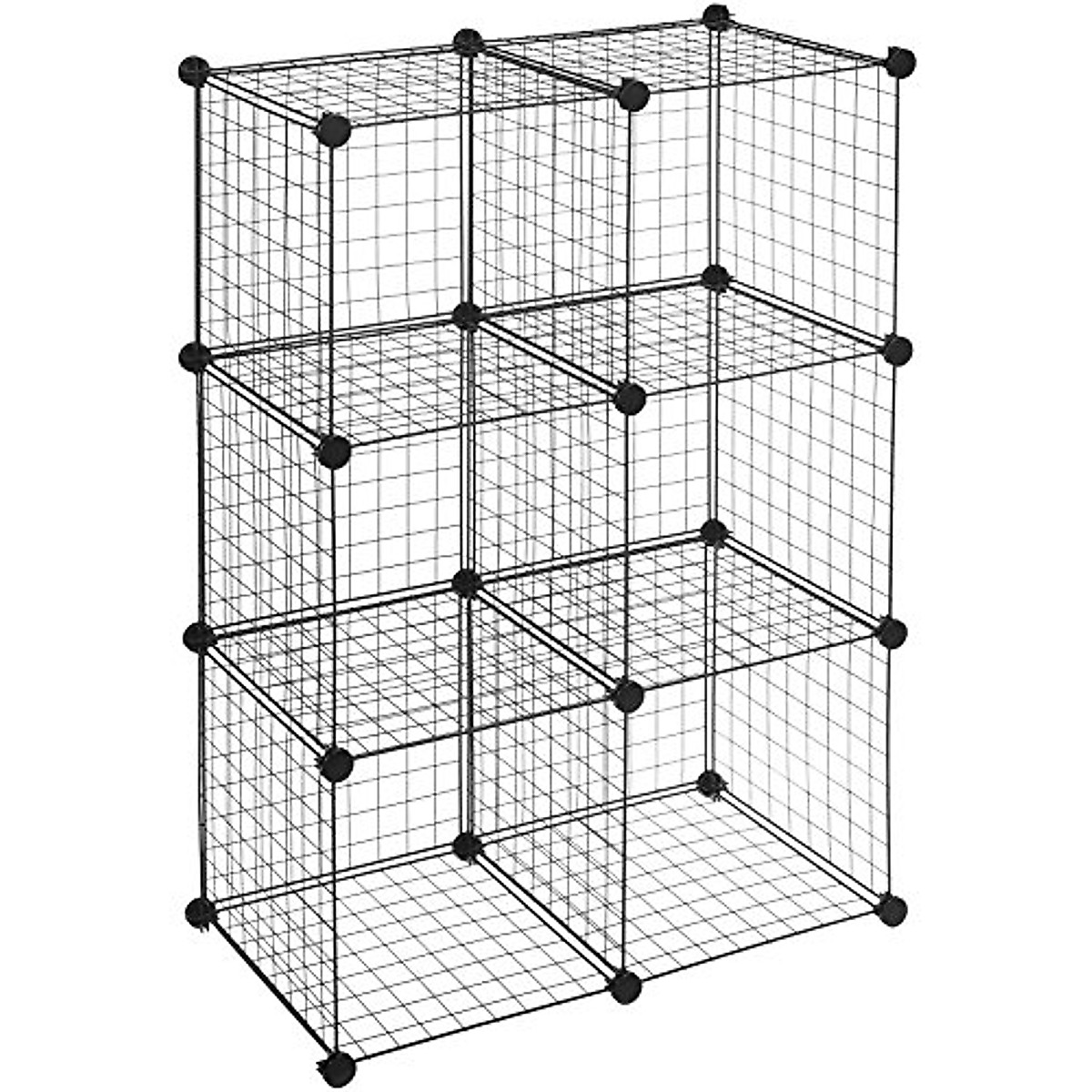 Amazon Basics 6-Cube Wire Grid Storage Shelves, 14" x 14" Stackable Cubes, Black & Amazon Basics Collapsible Fabric Storage Cubes Organizer with Handles, Gray - Pack of 6