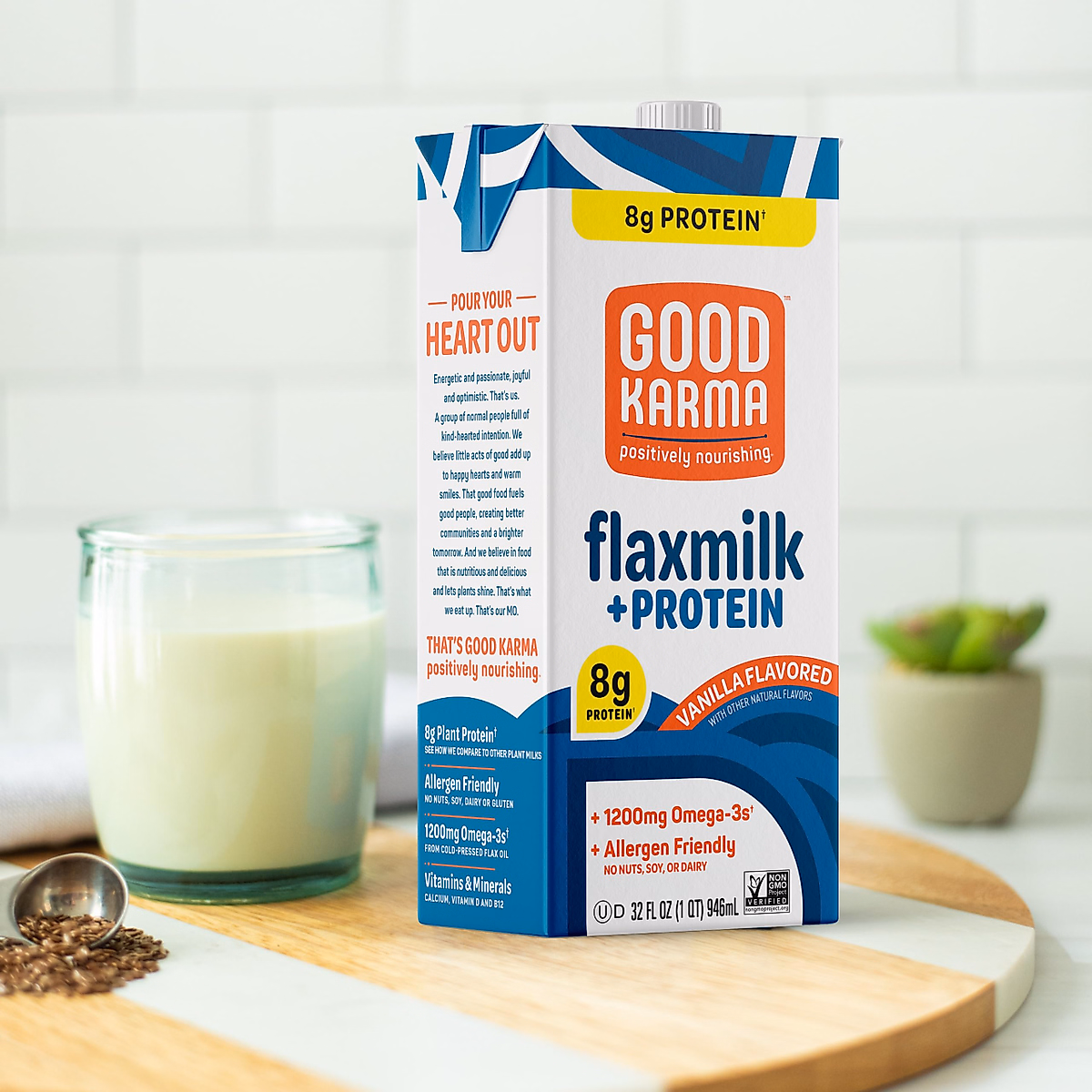 Good Karma Vanilla Flaxmilk +Protein, 32 Ounce (Pack of 6), 8g Plant Protein + 1200mg Omega-3 Per Serving, Plant-Based Non-Dairy Milk Alternative, Lactose Free, Nut Free, Vegan, Shelf Stable