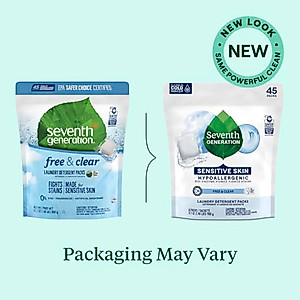 Seventh Generation Laundry Detergent Packs, Free & Clear, Made for Sensitive Skin, 90 Loads (2 pouches, 45 Ct EA)