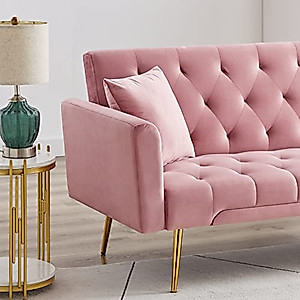ERYE Futon Sofa Loveseat Convertible Sleeper Couch Bed for Small Space Apartment Office Living Room Furniture Sets Sofabed, Light Pink Velvet 71" W with Pillows