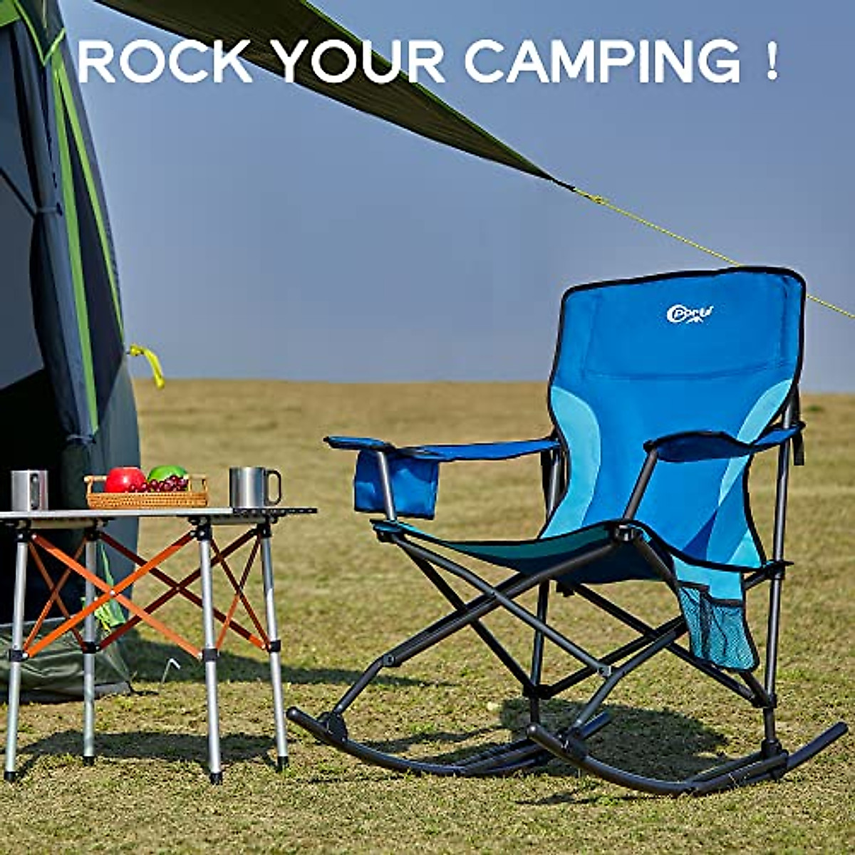 PORTAL Folding Camping Rocking Chair Portable Outdoor Rocker High Back Cup Holder Side Pocket Carry Bag Included, Support 300 lbs (Blue)