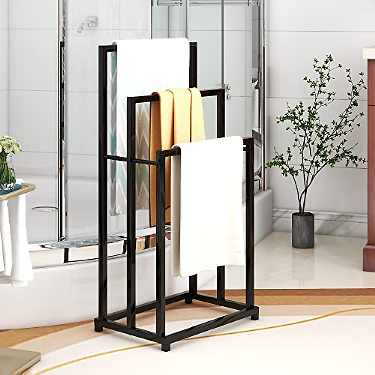 HAHRIR Black Metal 3-Tiers Stainless Steel Towel Racks ,Freestanding Towel Holder for Bathroom Accessories Organizer，for Bath Storage & Hand Towels&Washcloths& Blanket Rack