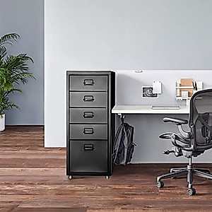 corpuwn 5 Drawer Mobile Storage Cabinet, 27" Metal Storage Dresser Cabinet with Castor Wheels,16" Deep Small Organization Chest for Home Office,Easy Assembly Without Screws,Black