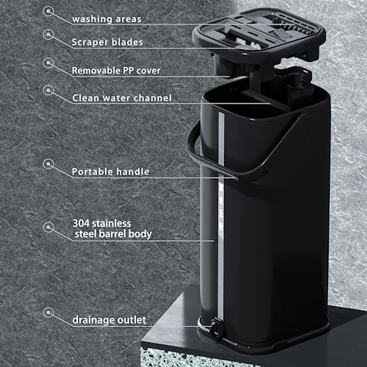 SWIFTIRON Stainless Steel Mop and Bucket with Wringer Set for Home, Hands-Free Flat Squeeze Mop with 4 Washable & Reusable Microfiber Mop Heads, Wet and Dry Use Mop with Long Handle（Black）