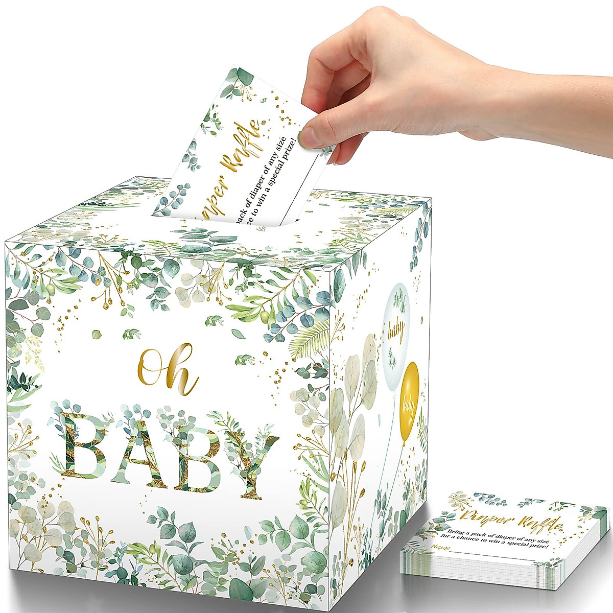 50 Pieces Greenery Diaper Raffle Tickets with Baby Shower Holder Box Baby Party Decorations Favors Sign Box Insert Ticket Diaper Raffle Game Kit