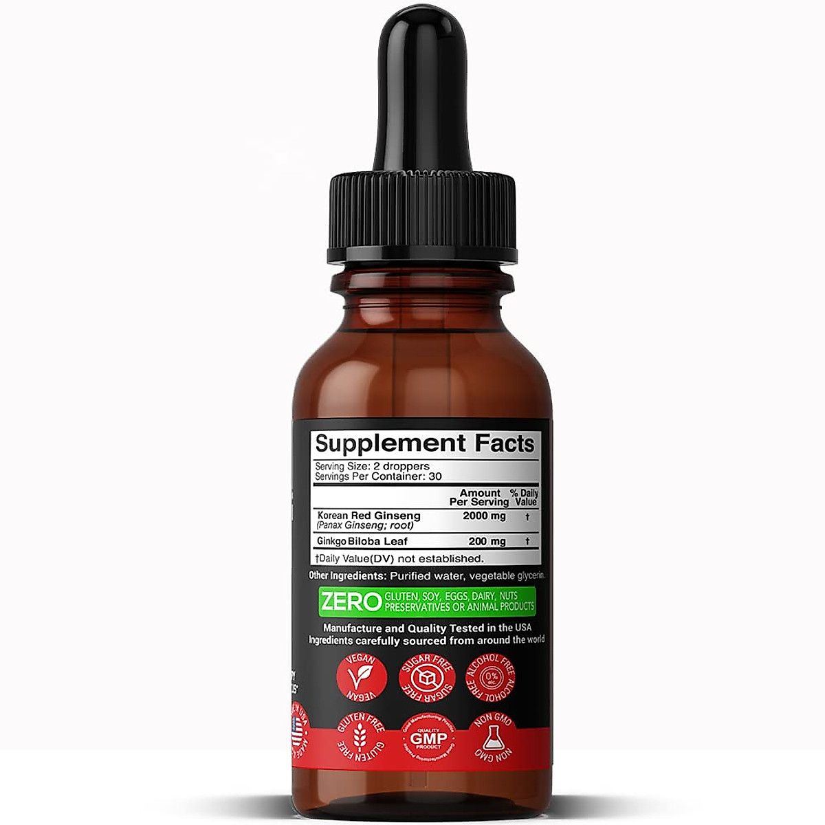 Korean Red Panax Ginseng 2000mg + Ginkgo Biloba Extra Strength Root Extract Supplement for Men & Women,High Ginsenosides, 2 fl oz Natural Advanced Liquid Extract for Energy, Performance & Focus