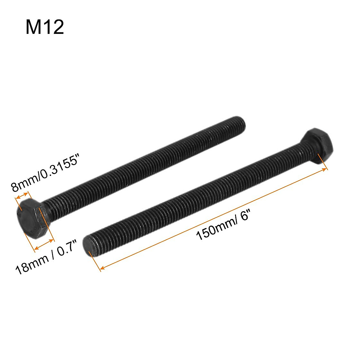 uxcell M12x150mm Grade 8.8 Fully Thread Hexagon Head Metal Hex Cap Screw Bolt Stud 4pcs
