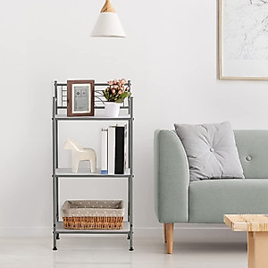 MallBoo 3-Tier Metal Freestanding Storage Shelf,Standing Bathroom Shelves with 3 x PP Shelf Liners and 4 x Hooks for Laundry Kitchen Office (Grey)