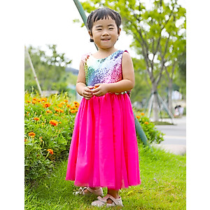 Cilucu Flower Girl Dress Baby Toddlers Sequin Dress Tutu Kids Party Dress Bridesmaid Wedding Gown Birthday Dress Rainbow Hot Pink 4T-5T