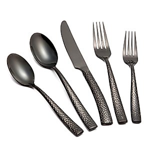 Kelenfer Silverware Set Black Flatware Set Stainless Steel 40 Pieces Cutlery Set Hammered Pattern Mirror Polished Home Hotel Use Service for 8, (KL9001)