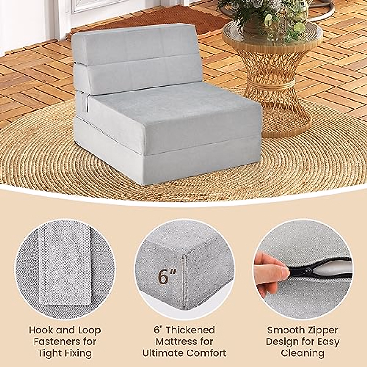 RELAX4LIFE Folding Sofa Bed Chair - 3-in-1 Convertible Couch Sleeper, Floor Futon Couch w/Removable Cover & Full Padded Foam, Fabric Guest Sleeper Chair for Living Room, Study, Apartment (Grey)