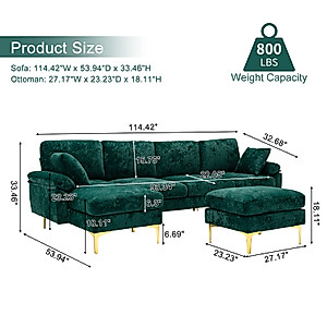 KIVENJAJA U-Shaped Sectional Sofa Couch, Modern Velvet L-Shaped Couch Set with Chaise Lounge, Ottoman and Pillows for Living Room Office Apartment, 114 inches (Emerald Green)