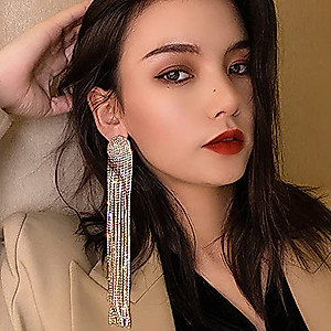 Wiwpar Fashion Women Long Rhinestones Tassel Earrings Bohemian Long Chain Drop Dangle Earrings for Women Girls (Silver)