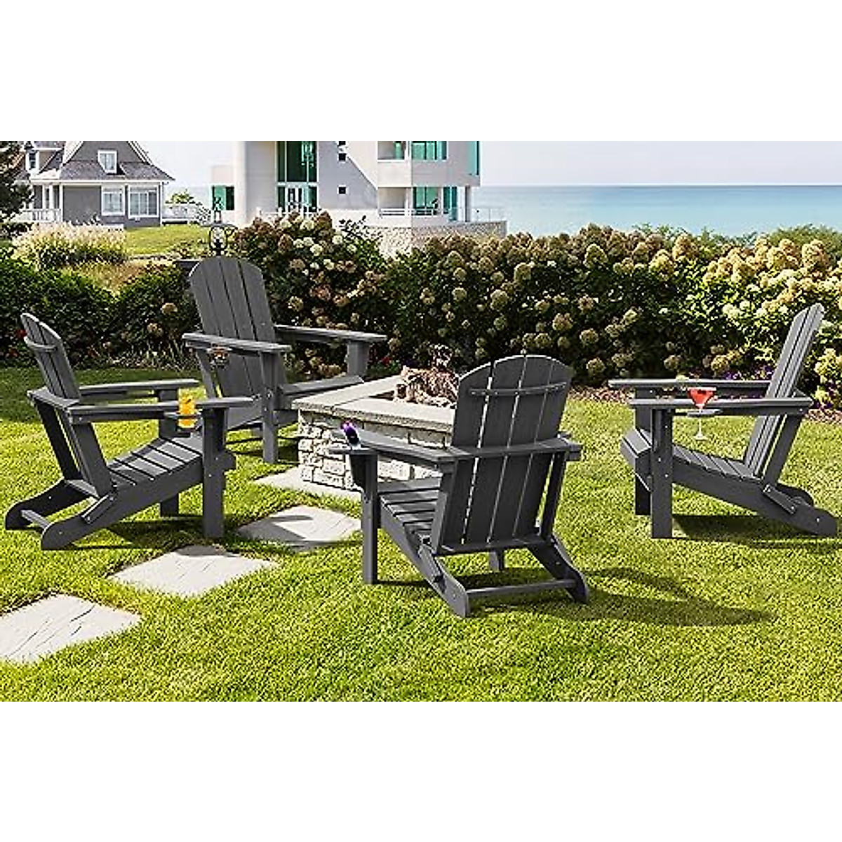 SERWALL Foldable Adirondack Chair, HDPE Adirondack Chair with Wood-Texture-Gray