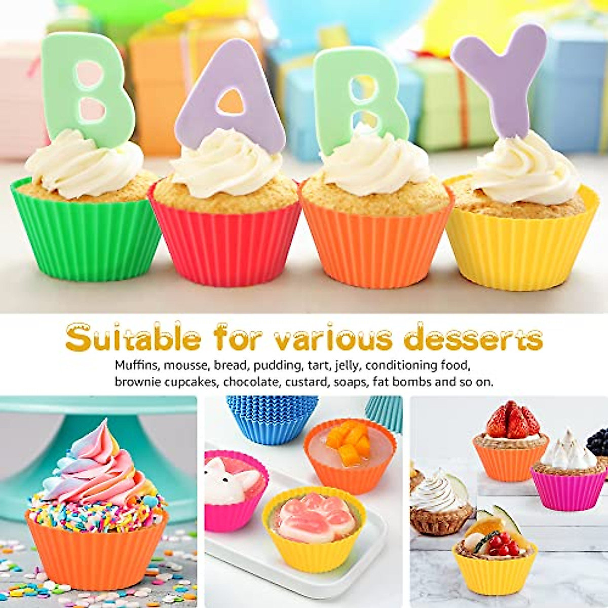 Lingtoolator upcake Liners, Set of 36 Muffin Baking Cups, Nonstick Silicone Muffin Liners, Reusable No Stick Silicone Cupcake Molds, 2.75” Silicone Cupcake Baking Cups, mini Multicolored