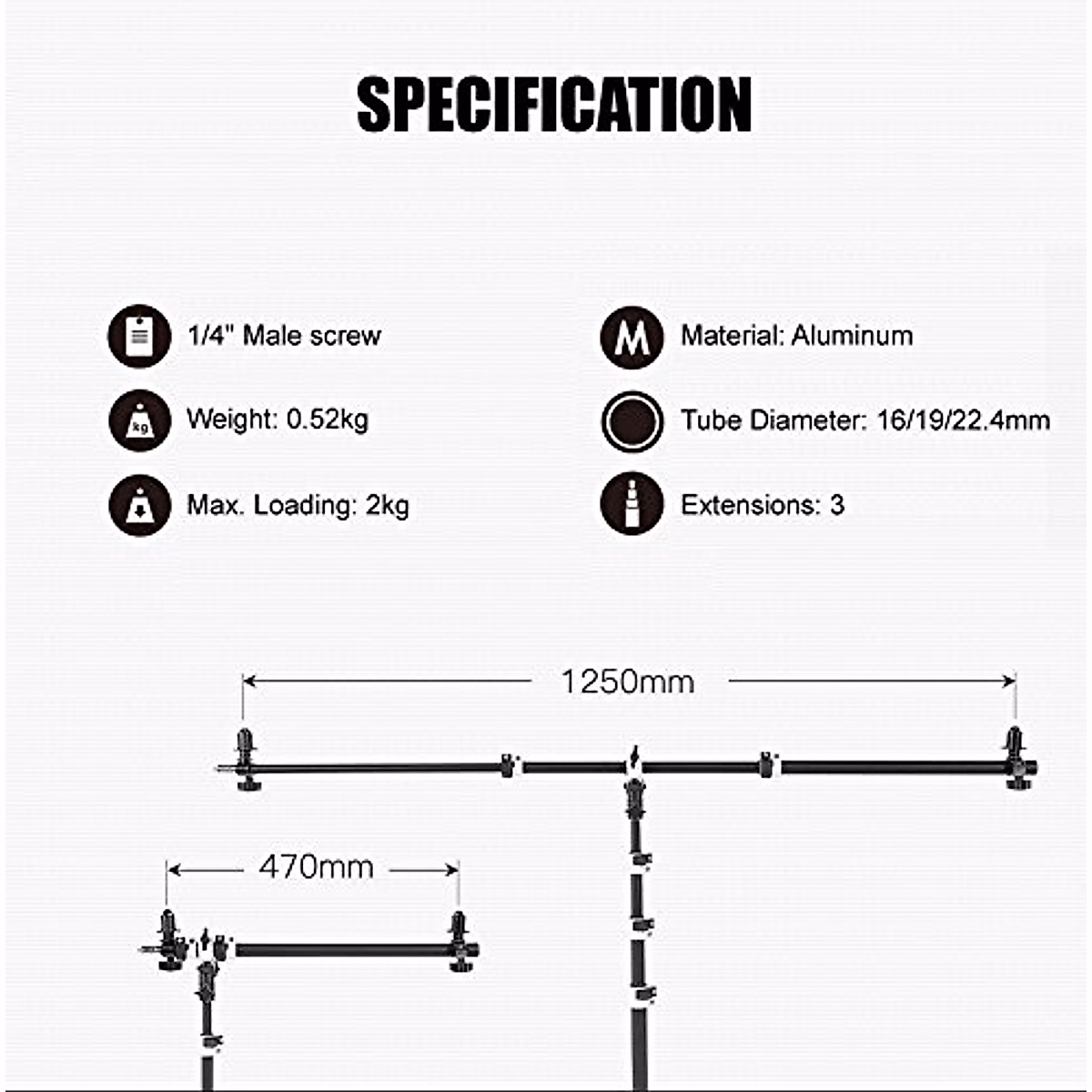 Fotoconic Multi Functional Reflector Holder, Boom Arm, Background Crossbar (21"-49" / 53-125cm) with Solid Locking Metal Swivel Head Grip