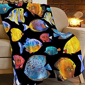 Tropical Fish Blanket Super Soft Warm Fluffy Flannel Colorful Fish Throw Blanket Cozy Fuzzy Plush Fishing Bedding Blanket Gift for Boys Girls Kids Teens Adults Couch Sofa 50"x40"