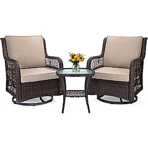 Rocking Swivel Chair, Outdoor Rattan Chairs Set with Side Table and Cushions, Patio Conversation Furniture Set 3 Piece for Outside Porch Deck Balcony Garden Backyard