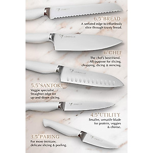 Lordelle Knife Block Set - 5 Piece Set - White Chantilly Snow - Lifestyle Home Kitchen Design - German X50 Stainless Steel - ABS Handle - Ash Wood Block - Cooking Chef Knife, Santoku, Paring, Utility