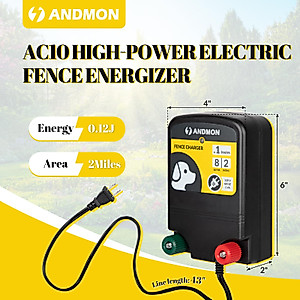 AC10 Electric Fence, 2-Mile/ 8 Acres Electric Fence Charger for Preventing to Prevent Bears, Raccoons, Skunks Intruding, Electric Fence Energizer Output Voltage 5000 v 0.12 Joule