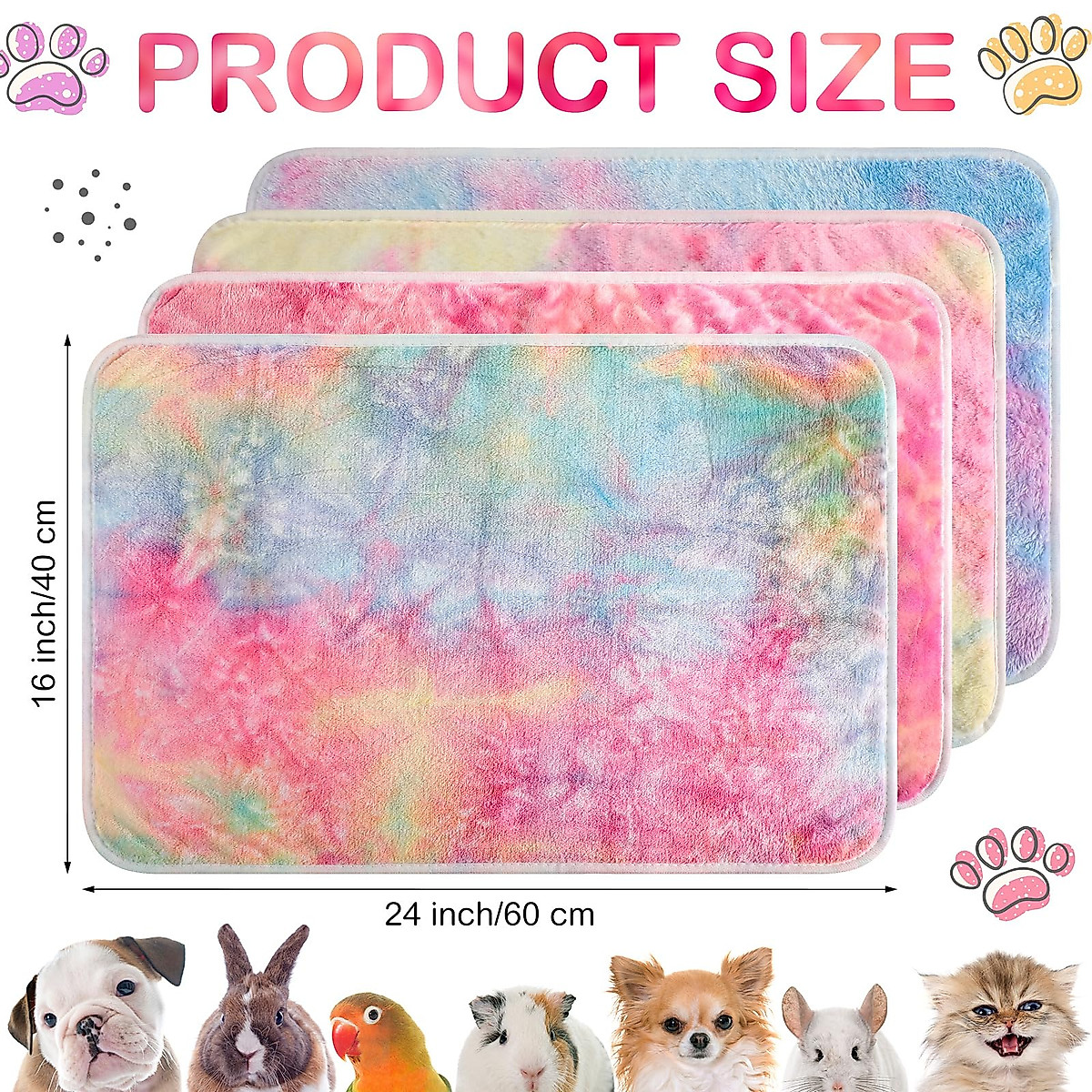 4 Pcs Waterproof Guinea Pig Blankets Washable Small Animal Fleece Bedding Absorbent Guinea Pig Cage Liners Reusable Pet Pee Pad Sleep Mat Pad Cover for Hamster Ferret (Tie Dye Pattern,24 x 16 Inch)