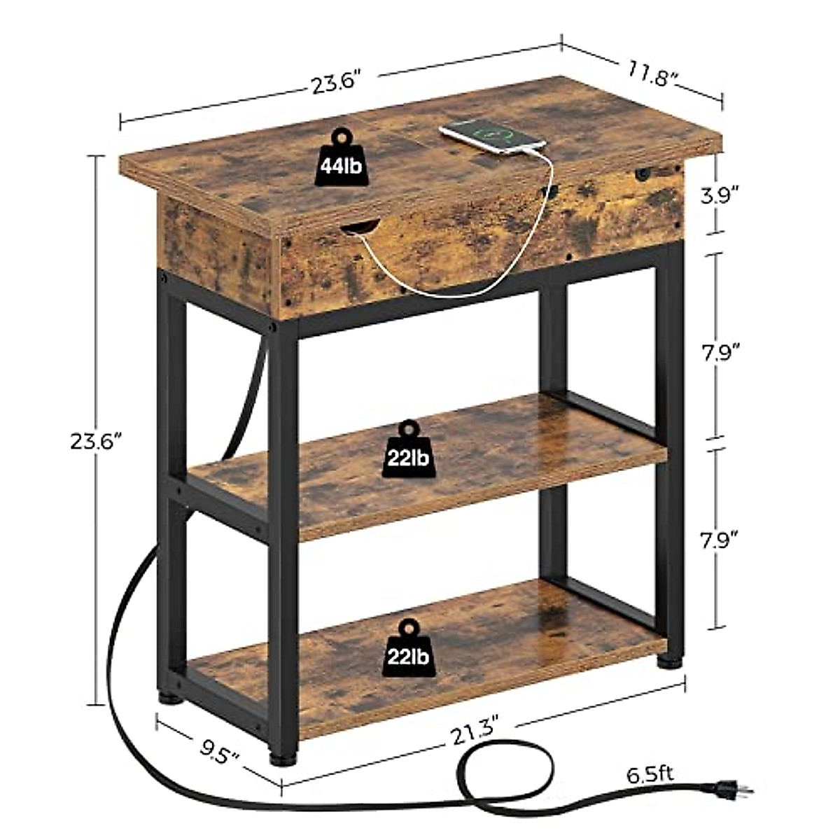 Rolanstar End Table with Charging Station, Narrow Nightstand, Flip Top Side Table with USB Ports and Storage Shelves for Small Spaces, Living Room, Bedroom (Rustic Brown)