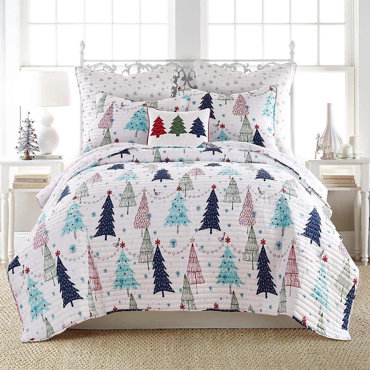 Levtex Home Merry & Bright Collecion - White Pine Quilt Set - Full/Queen Holiday Quilt 88x92 and Two Standard Shams 20x26 - Christmas Tree - Blue, Red, Green and White - Reversible - Polyester