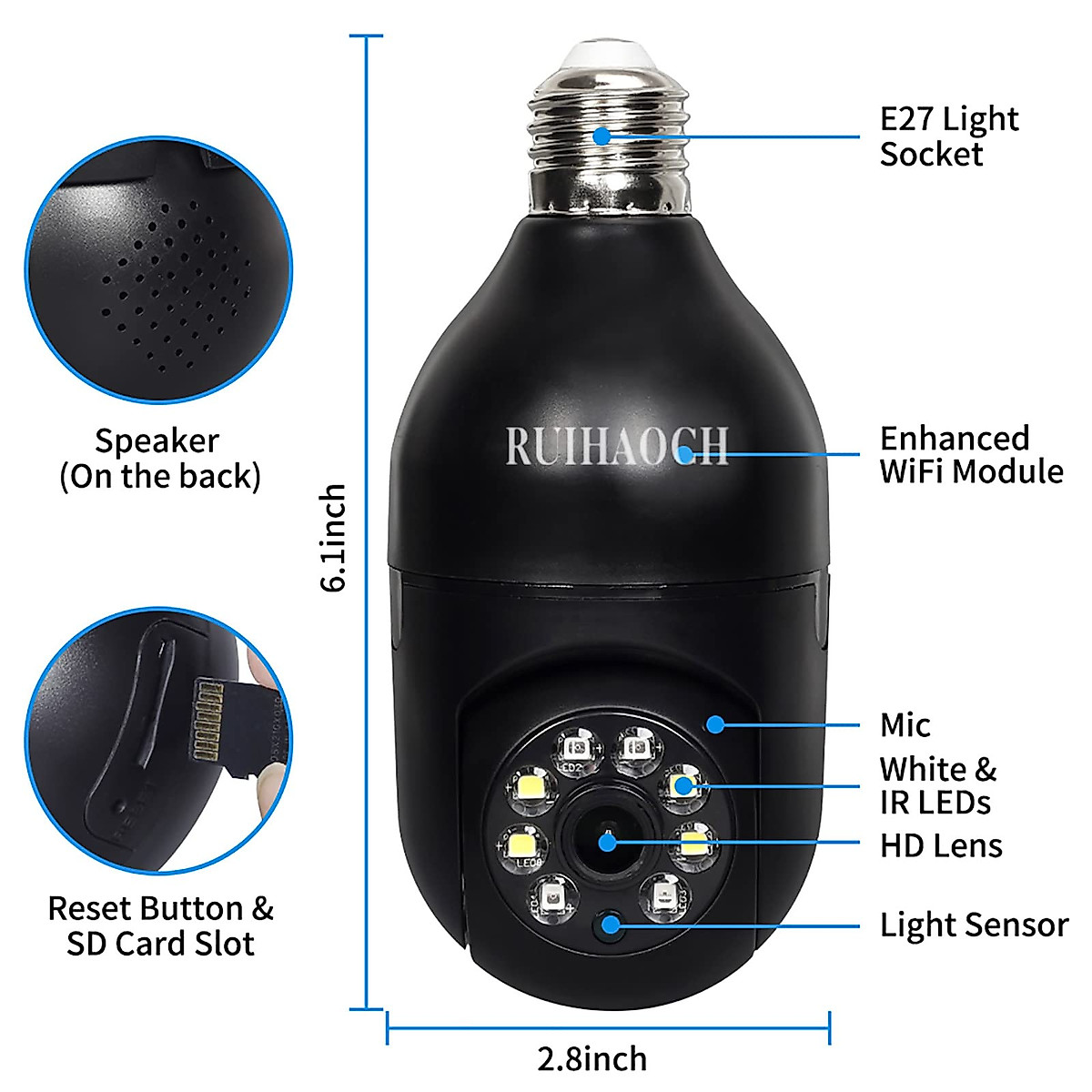 RUIHAOCH Wireless WiFi Light Bulb Camera Security Camera,1080P Pan Tilt Wireless 2.4Ghz 360 Degree E27 Panoramic IP Camera, Security Cameras with Vision Human Motion Detection and Alarm (Black)