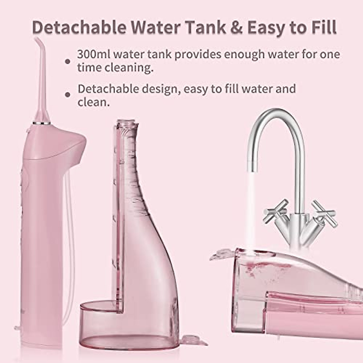 TOVENDOR Electric Water Flosser, Cordless Dental Oral Irrigator - 3 Modes, 3 Tips for Family Hygiene (300ML, Waterproof Waterflosser) (Pink)