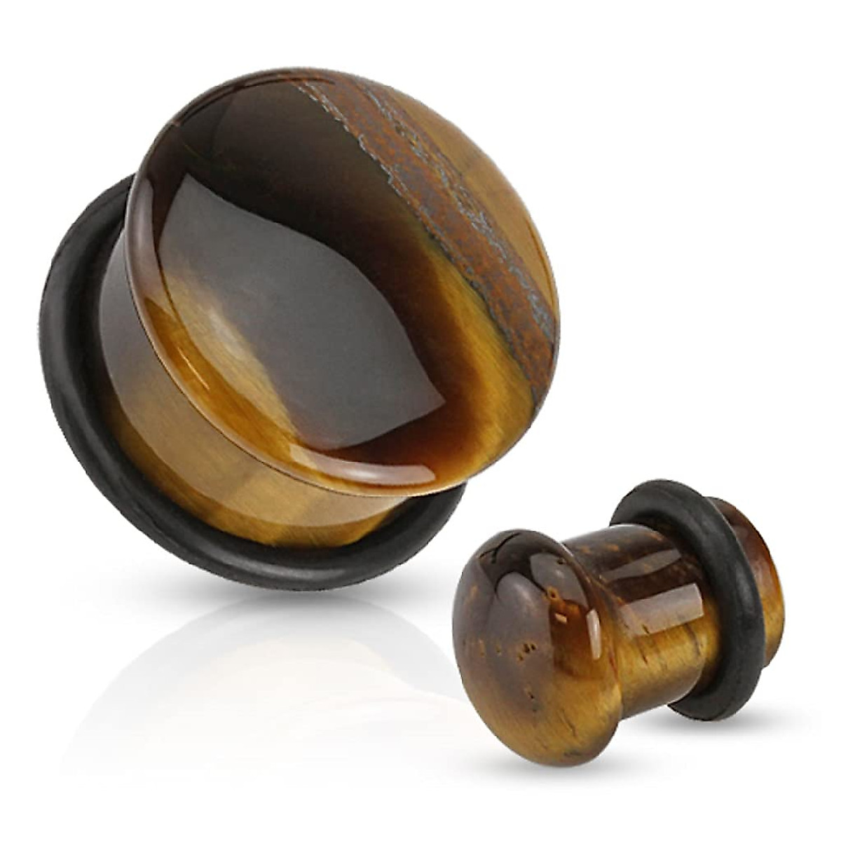Pierced Owl Semi Precious Tiger Eye Domed Single Flare Plugs with O-Ring, Sold as a Pair (6mm (2GA))