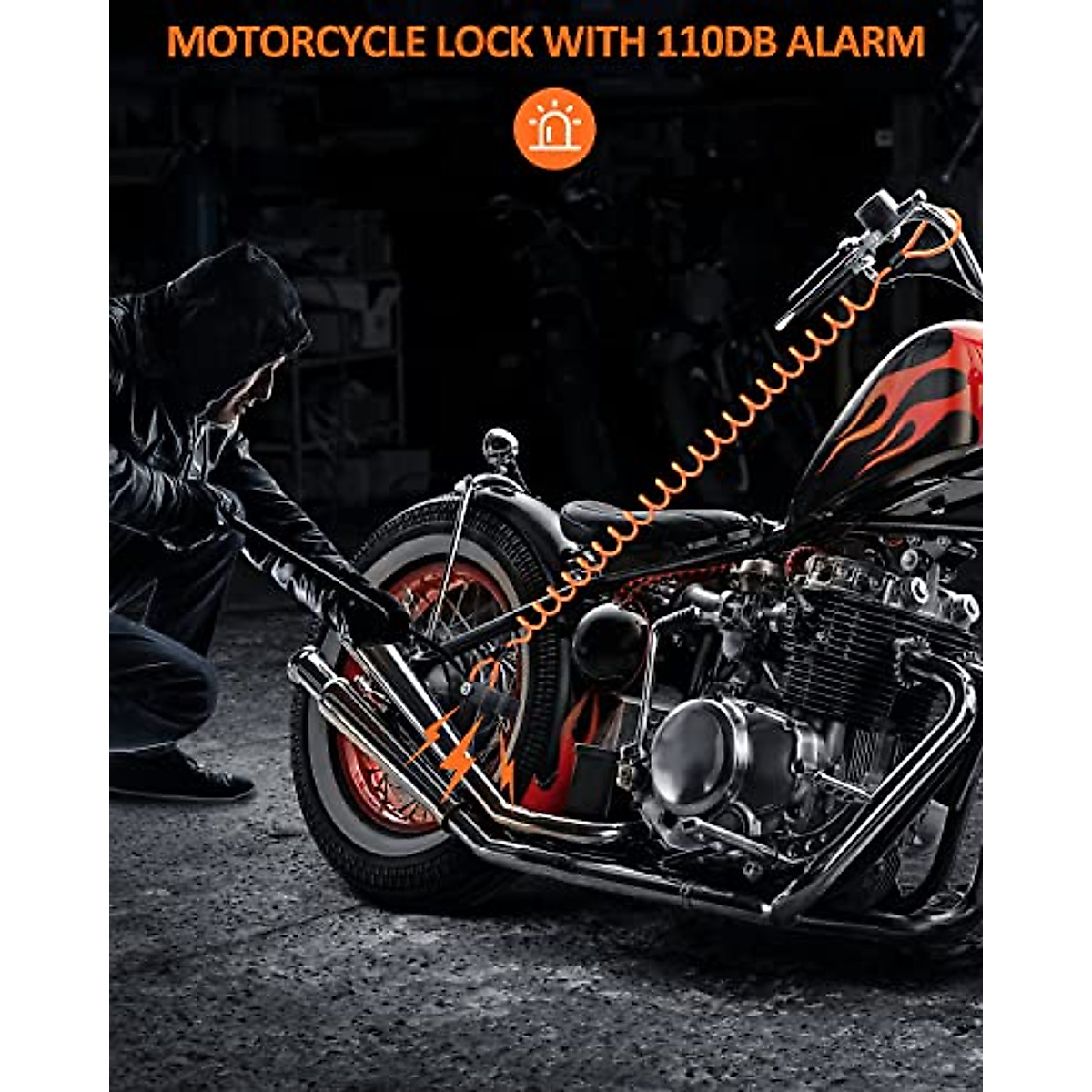 Onvian Motorcycle Lock with Alarm, Waterproof Motorcycle Locks Anti Theft for Motorcycle Bicycle Bike Scooter E-Bikes Wheel 6.7mm Disc Brake Rotor Lock 5FT Reminder Cable (Black)