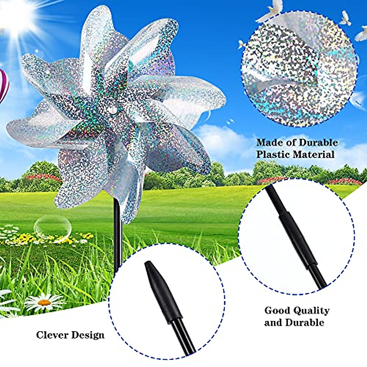 16 PCS Reflective Pinwheels with Stakes, NOVWANG Extra Sparkly Pinwheels for Yard and Darden, Garden Pinwheels Bulk, Bird and Animal Deterrent Device to Scare Birds Away from Patio(Silver)