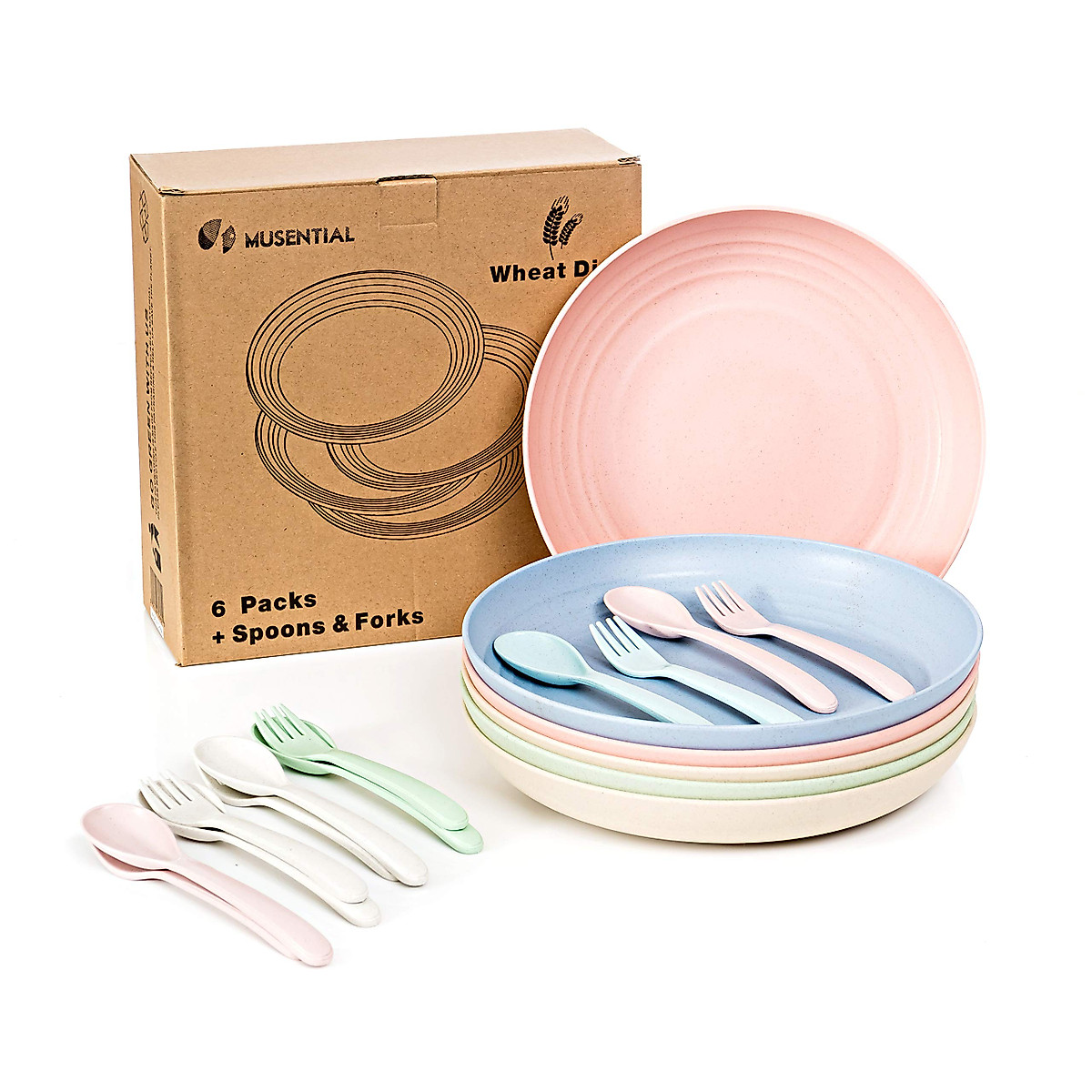 MUSENTIAL 10" Inch Wheat Straw Deep Dish Set (6 Dinner Dishes / Spoons & Forks ) - Dishwasher & Microwave Safe - Unbreakable Reusable Lightweight Eco Friendly & BPA Free Dinnerware