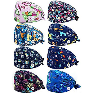 8 Pieces Working Caps with Button Tie Back Hats with Sweatband for Women Men (Animal Style)