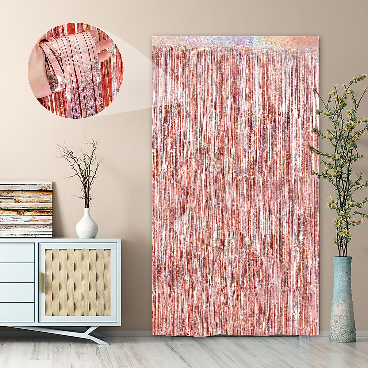 Rose Gold Foil Party Streamers 2 Pack Metallic Tinsel Fringe Curtain 3.3X 8.3ft Streamer Curtains Anniversary Thanksgiving Christmas Party Photo Booth Tinsel Curtain Streamers for Parties Decoration