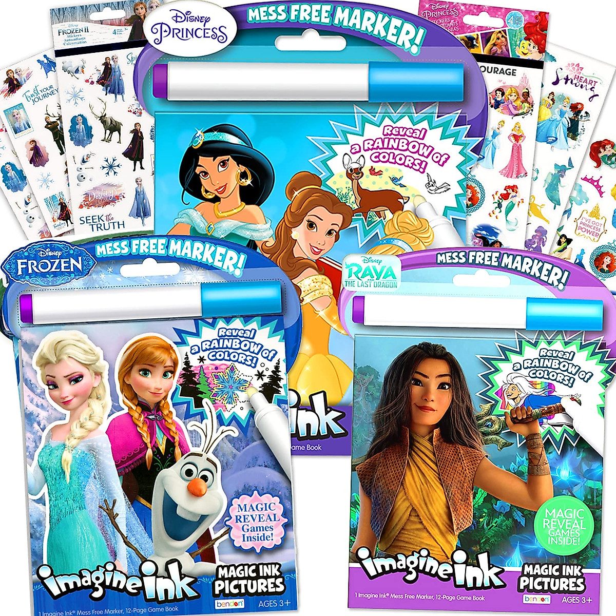 Classic Princess Magic Ink Coloring Super Set - 3 Books Featuring Disney Princesses, Frozen, and Raya The Last Dragon with Invisible Pens, Stickers