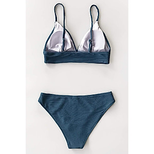CUPSHE Women's Solid Color Sexy Triangle Bikini Set Padded Swimsuit, L Navy