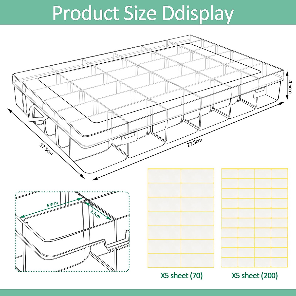 RYKOMO 5 Pack 36 Grids Clear Plastic Organizer Storage Box Container with 270 Label Stickers, Craft Bead Organizers and Storage with Adjustable Dividers Plastic Container with Dividers for Crafts
